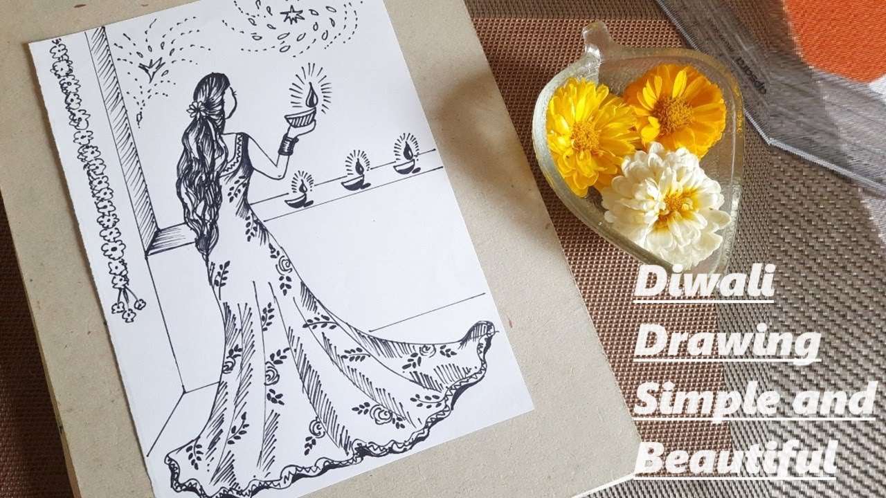 Diwai drawing simple | Girl decorating diwali diya drawing step by step ...