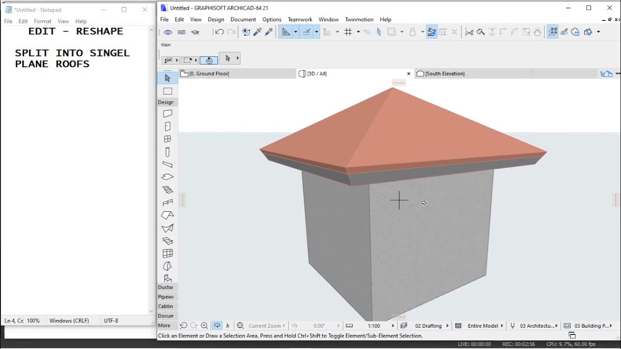 Tutorial Archicad 21 EDIT - RESHAPE - SPLIT INTO SINGEL PLANE ROOFS ...