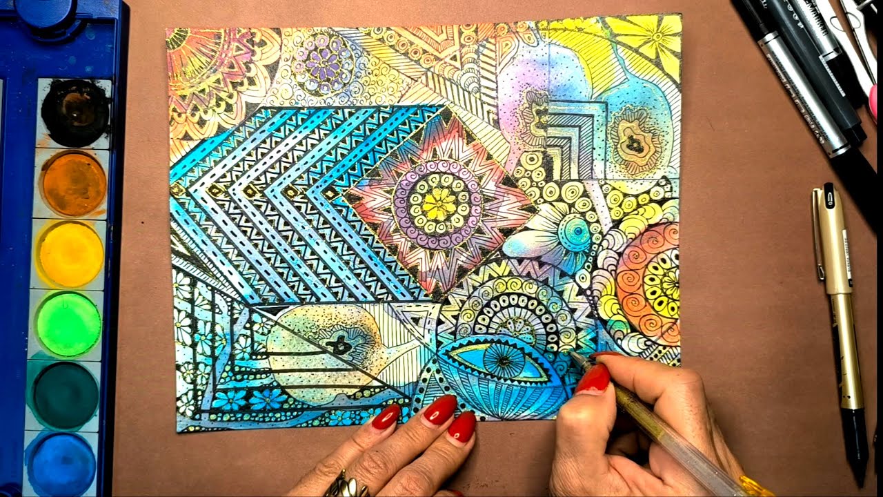 Geometric Watercolor Zentangle || Art therapy with colorful geometric ...