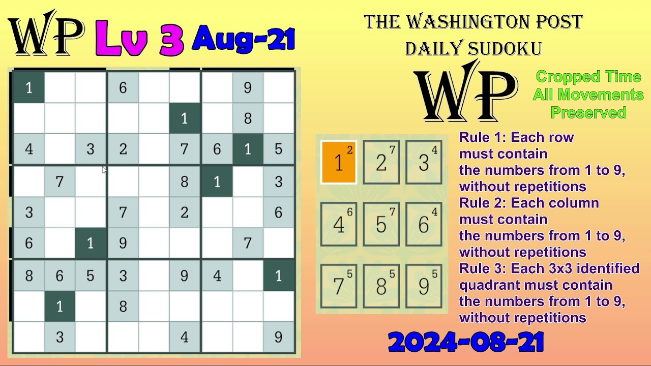 The Washington Post Daily Sudoku 2024-08-21 Level 3 - YouTube