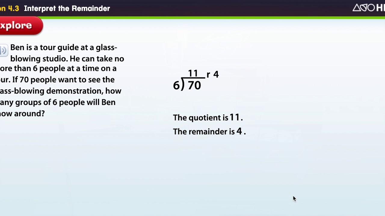 Go Math Lesson 4.3 Part B Interpreting Remainders - YouTube