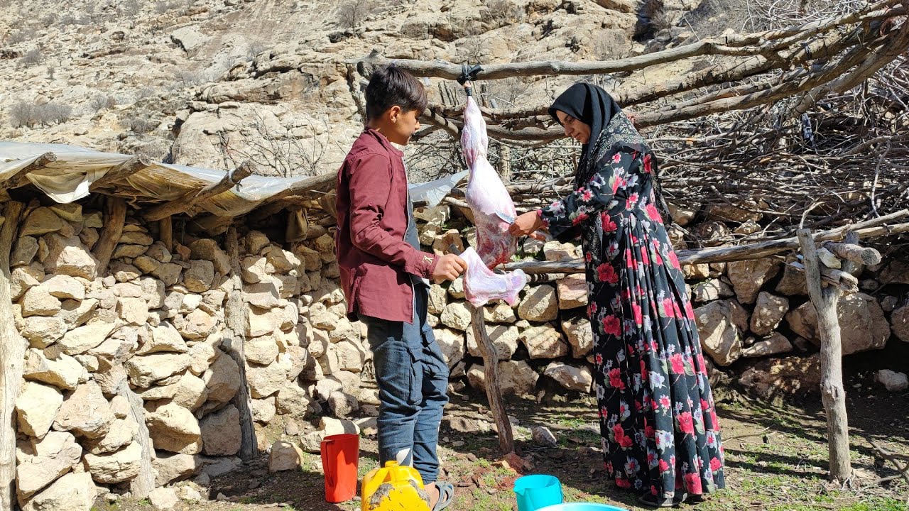 Skinning a goat and cooking lunch: nomadic and village life 2023 - YouTube