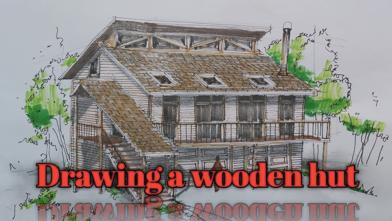 How to draw a wooden cottage: How we drawing a wooden villa outside the ...