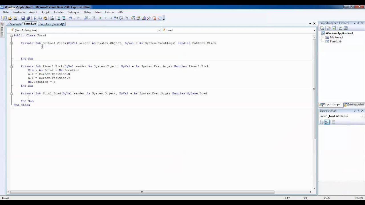 visual basic 2008 Form Position ändern, Cursor Position ermitteln, erste schritte zum OS - YouTube