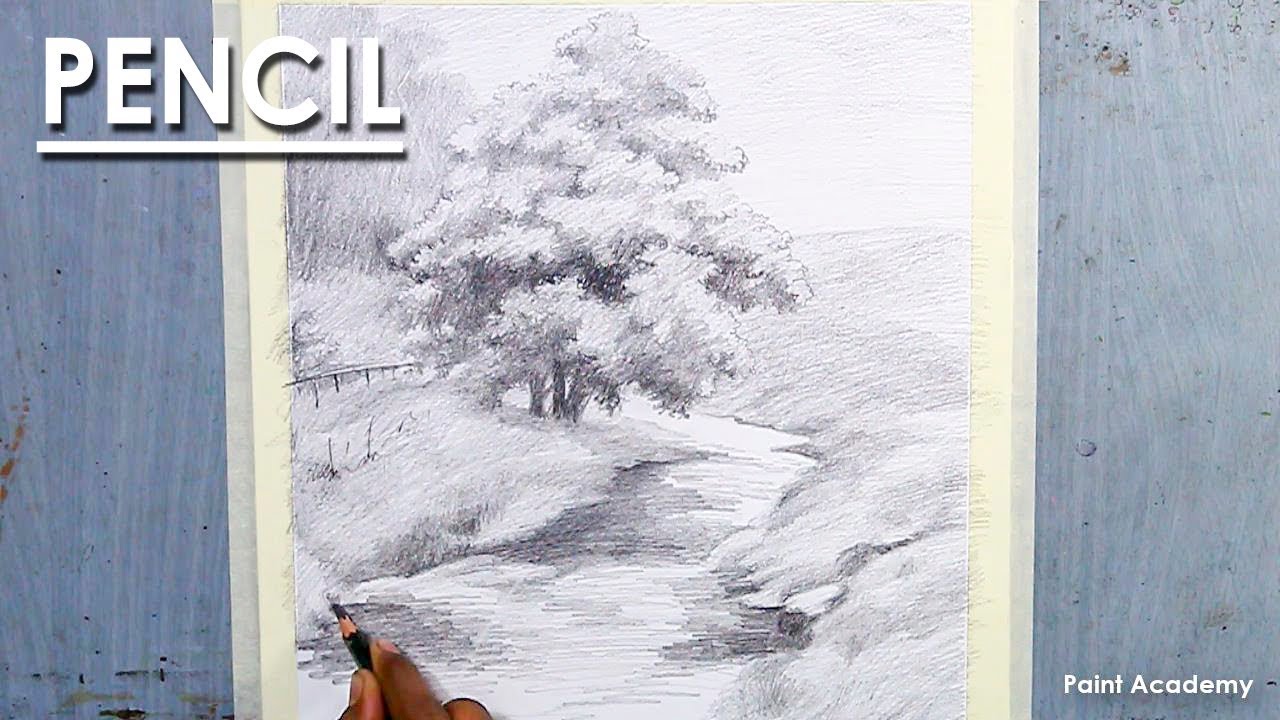 A Tree by the Stream : Landscape Drawing in Pencil | Pencil Drawing ...