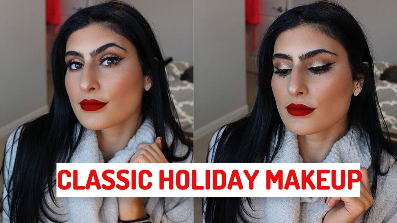 CLASSIC HOLIDAY MAKEUP| RED LIPS & GOLD GLITTER - YouTube