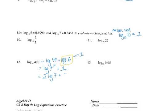 Algebra 2 300 - Day 22 - Log Equations Practice - YouTube
