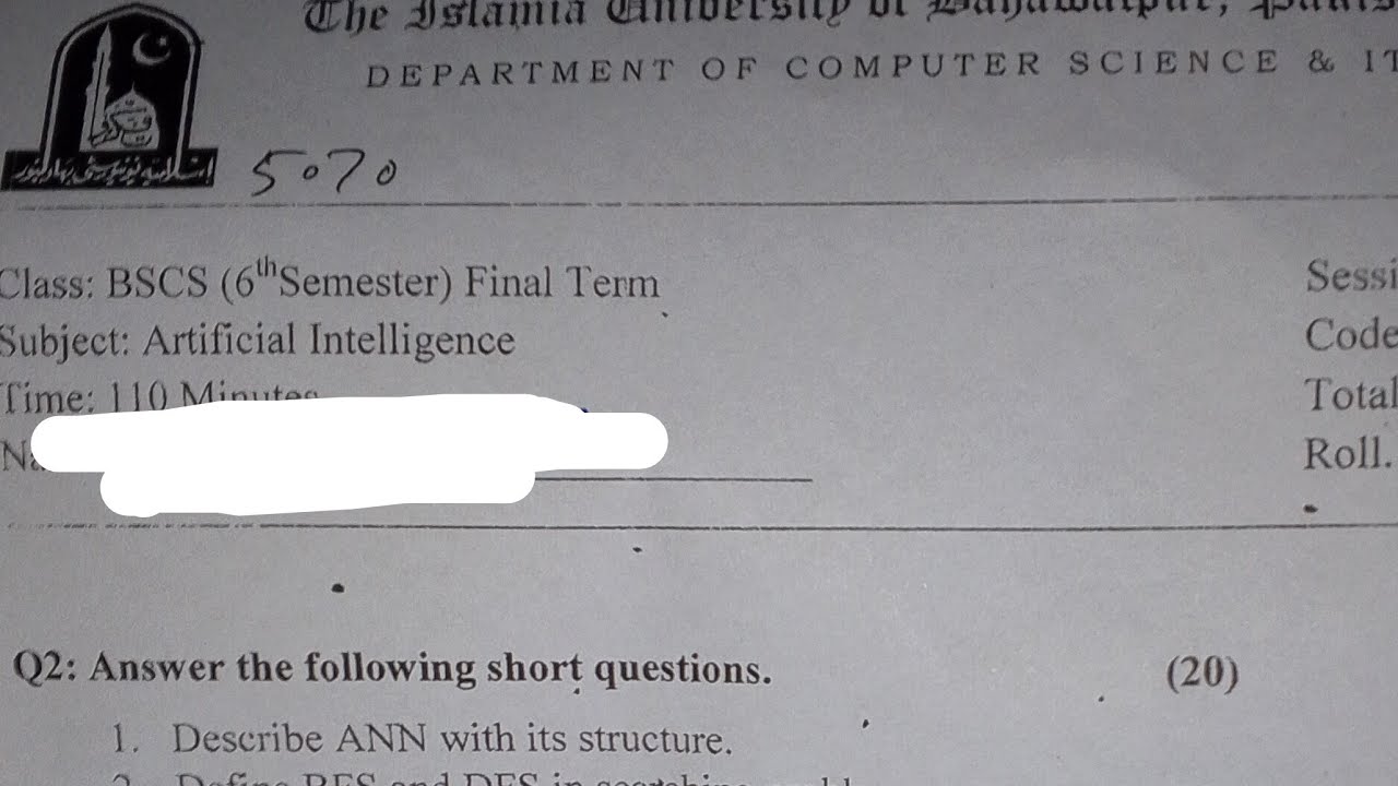 Artificial Intelligence Past Papers| Bs 6th semester Past Papers | IUB ...