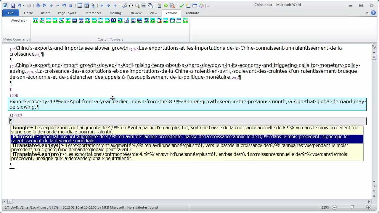 Microsoft Translator in Wordfast Classic 6.03q - YouTube