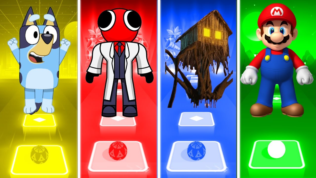 Bluey Vs Rainbow Friends Red Vs House Head Vs Super Mario - Tiles Hop ...