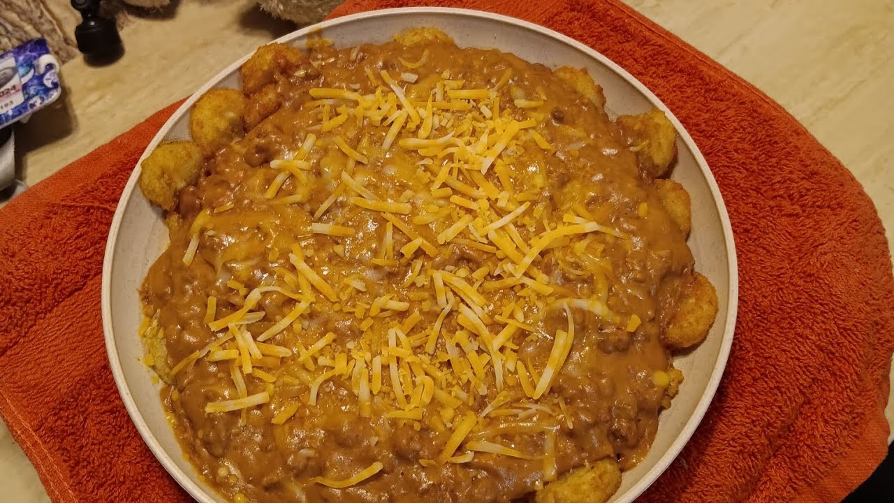 tater tots with taco bell seasoned beef and refried beans with tostitos ...