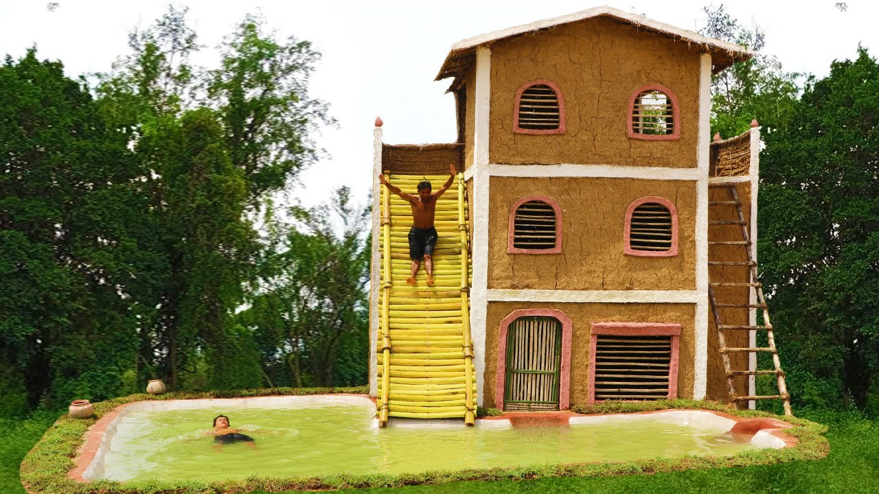 64 Days Build 3 Story Mud Villa And Palm Tree Branch Water Slide Go ...
