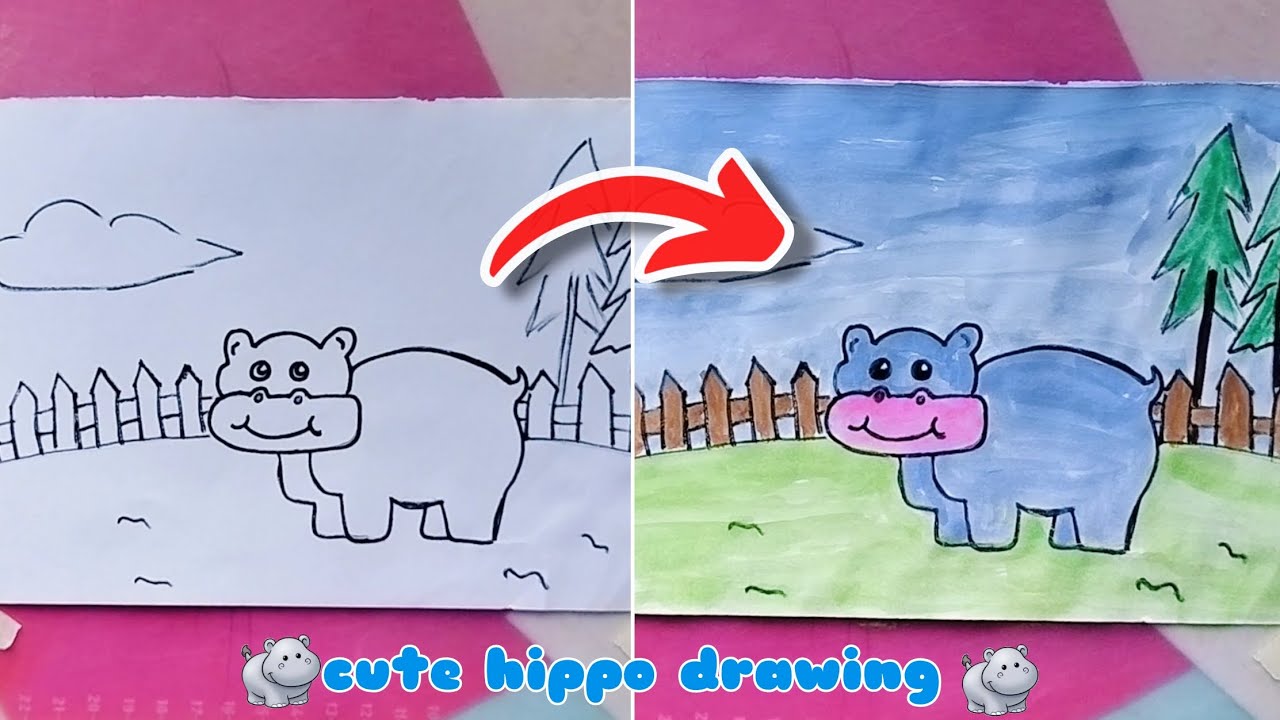 easy cute hippo drawing step by step || step by step hippo drawing for ...