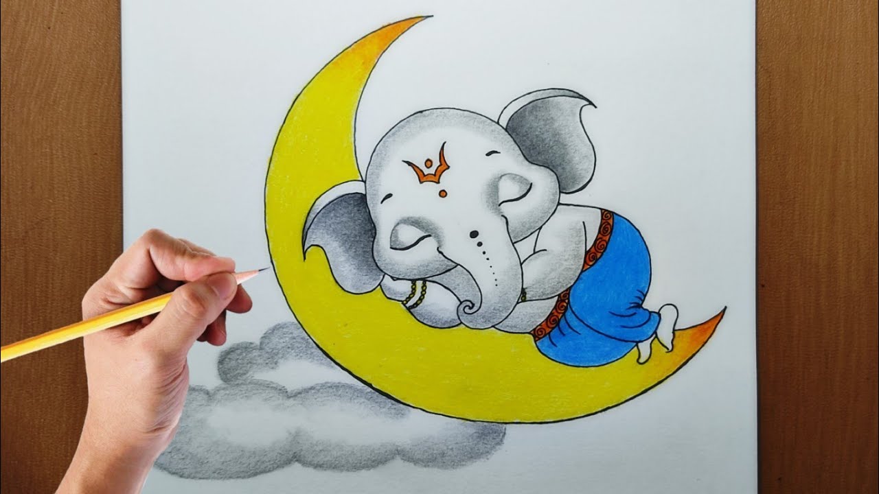 Ganpati Bappa Sleeping On The Moon Drawing | Easy Ganpati Bappa Drawing ...