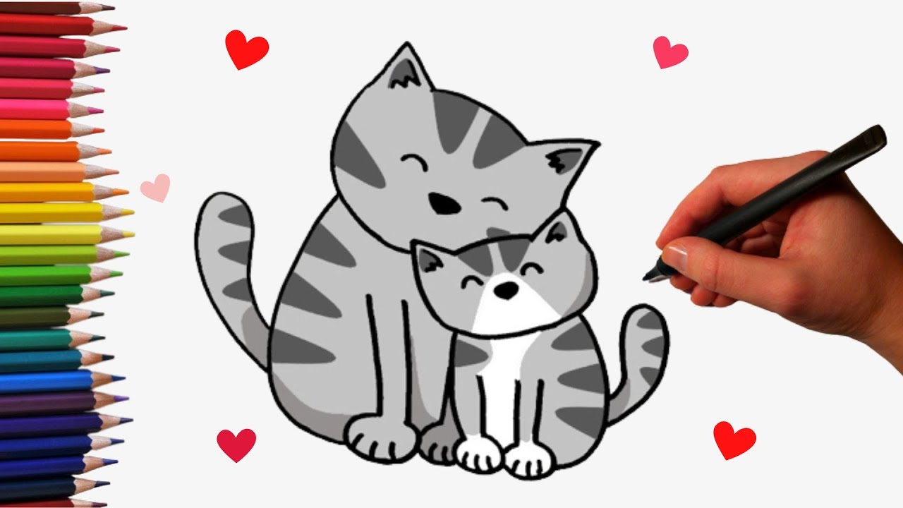 How to Draw a Cute Cat and Kitten for Mother's Day Easy - YouTube