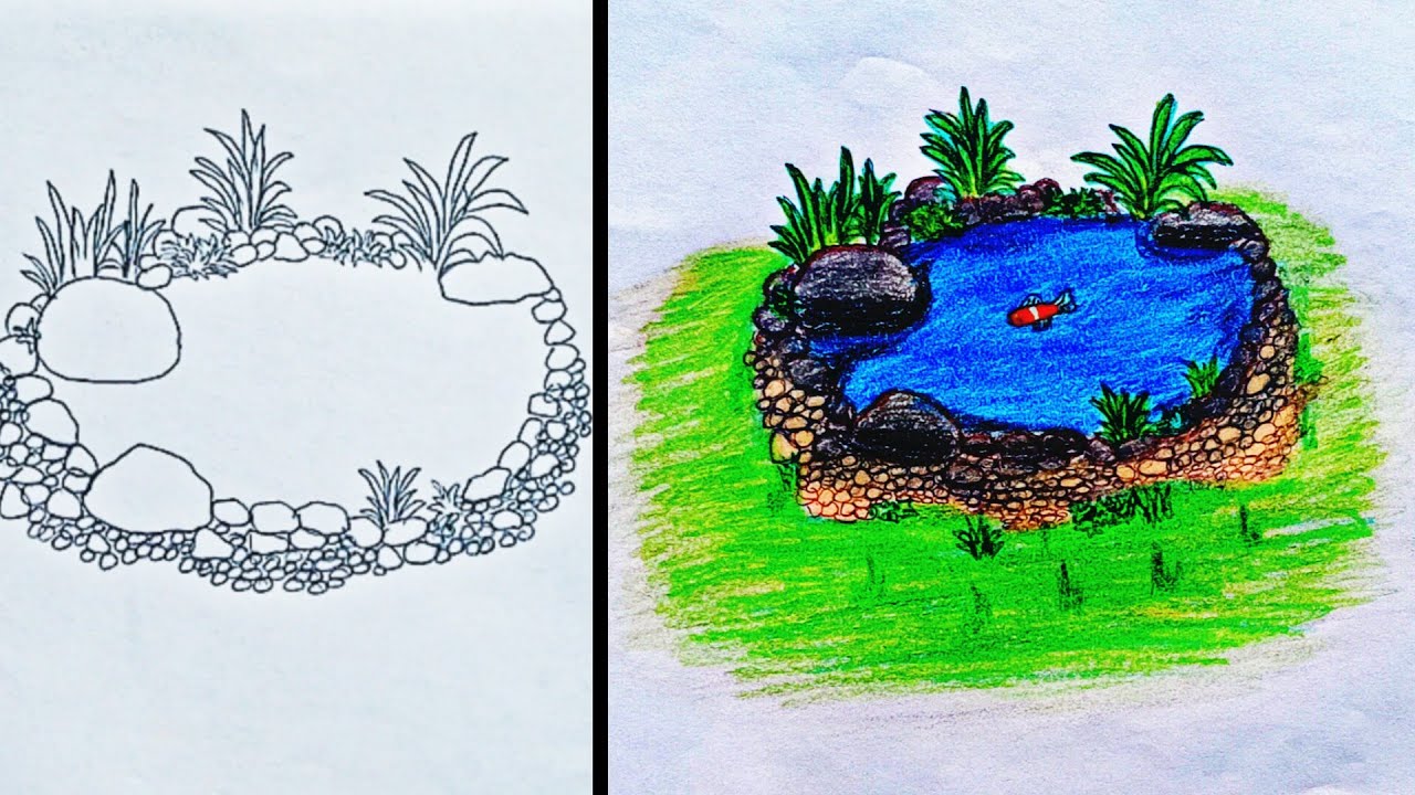Pond Drawing | How To Draw A Pond Easy Step By Step - YouTube