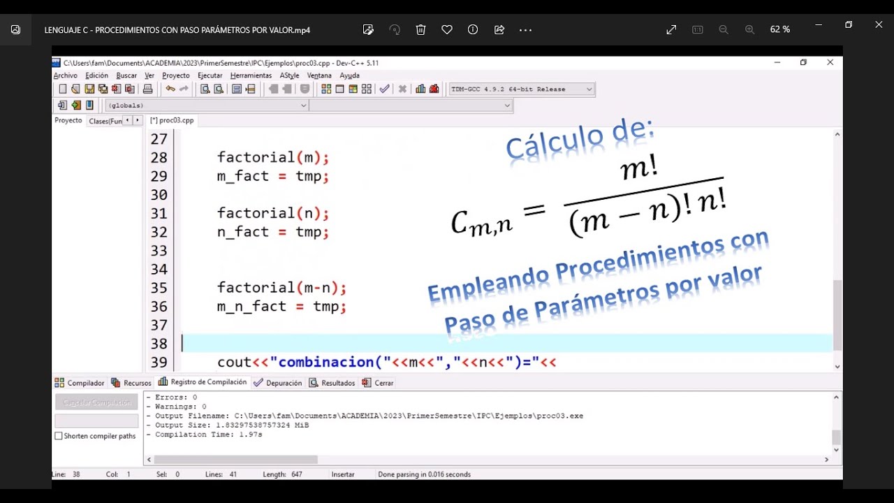 LENGUAJE C COMBINACION DE M EN N RESUELTA CON PROCEDIMIENTOS Y PASO ...