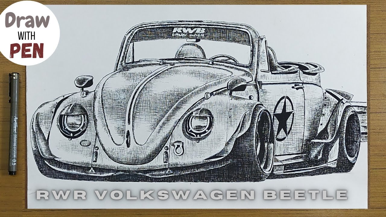 HOW TO DRAW A CAR WITH PEN || RWR VOLKSWAGEN BEETLE ARMY STYLE CAR ...