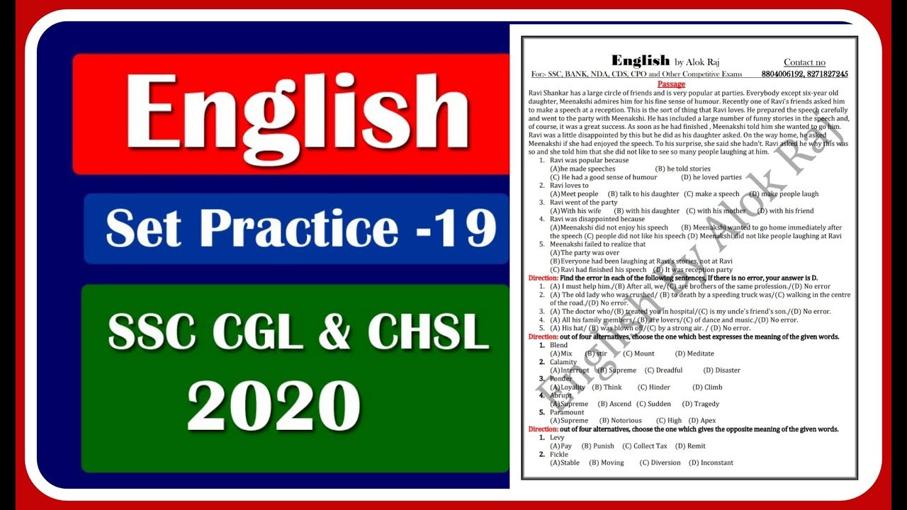 English Set Practice - 19 for SSC CGL & CHSL 2019/2020, Bank, CPO ...