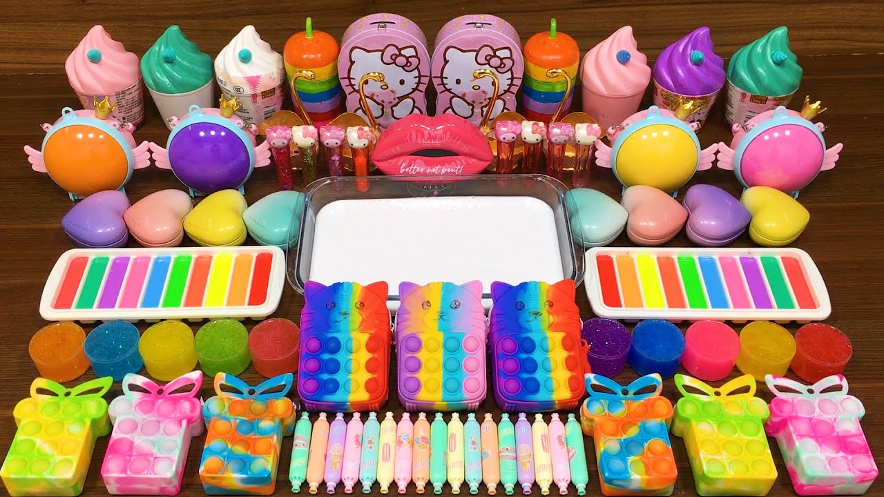 RAINBOW CATS !!! Mixing random into GLOSSY slime!!!Satisfying Slime ...