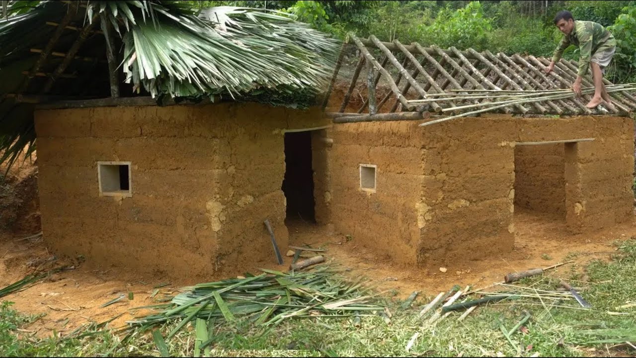 FULL VIDEO: Build LOG CABIN house out of clay, Poor boy in the forest ...