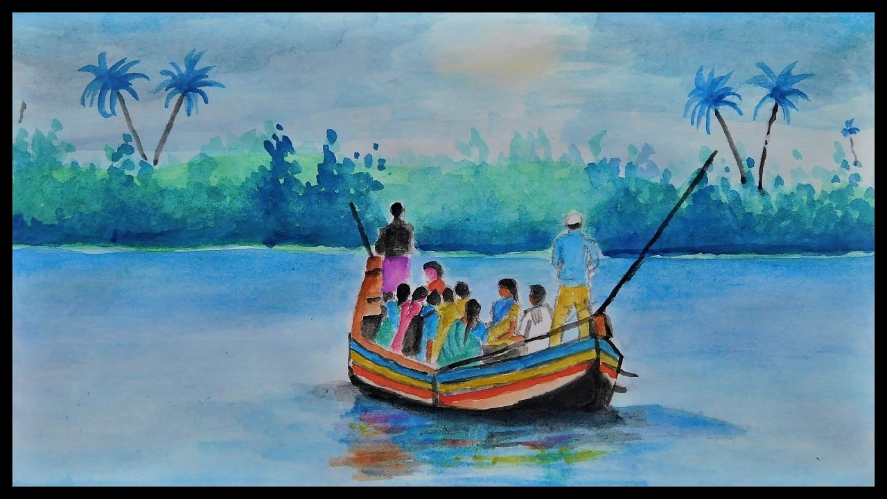 How to draw real river boat Art with watercolours - N Channel children ...