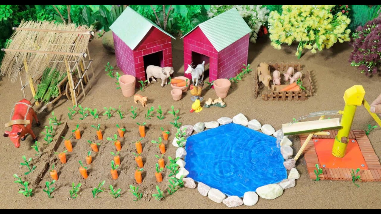 Miniature Farm Model with a Carrot Garden, Livestock Pens, Pond, and ...