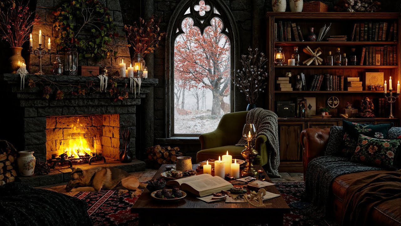 Cozy Winter Reading Nook Ambience | Crackling Fireplace & Snowy Forest ...