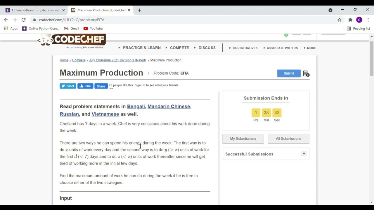 Maximum Production july challenge 2021 || codechef || python - YouTube