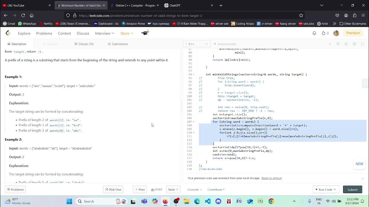 Minimum Number of Valid Strings to Form Target I (medium) | LeetCode ...