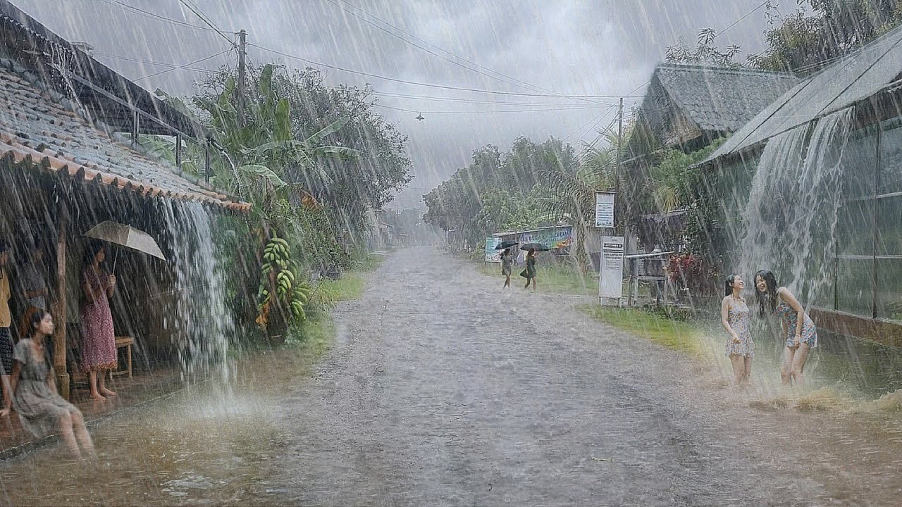 the biggest heavy rain in indonesian village everyday, walking enjoying ...