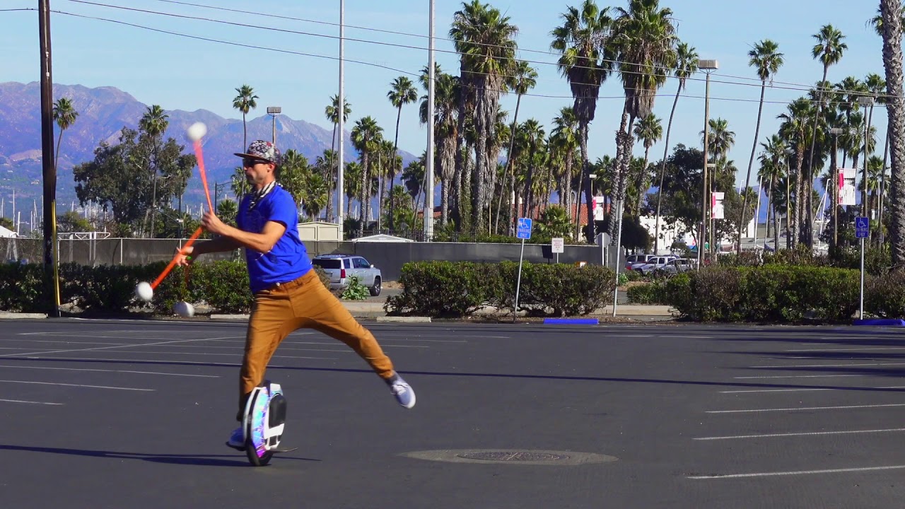 Electric Unicycle One Foot with Juggling Poi Tricks with Flowstyle Kyle ...