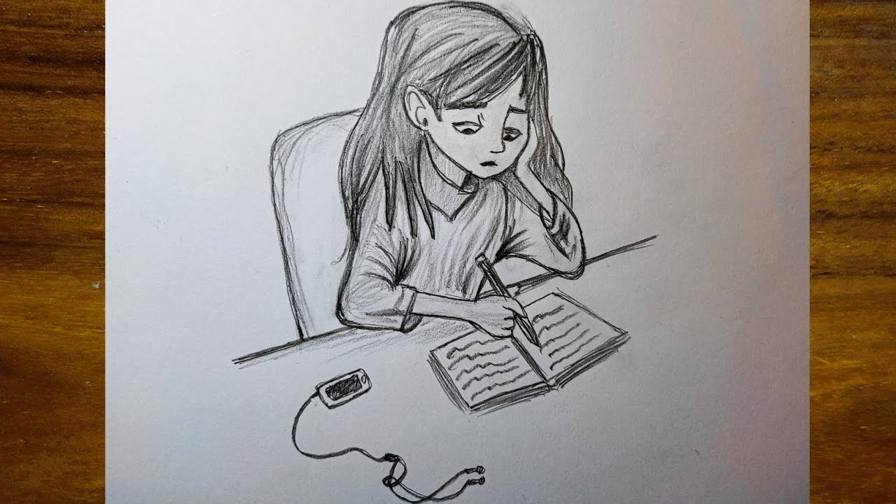 Drawing of a cute girl studying moments - step by step // How to draw a ...