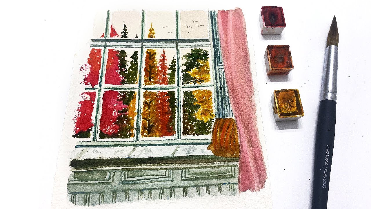 Meditative watercolor autumn window painting » How to paint a fall ...