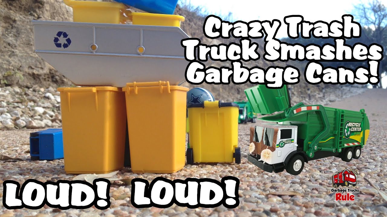 CRAZY Toy Garbage Truck MONSTER TRUCK Sounds SMASHES Trash Cans l LOUD ...