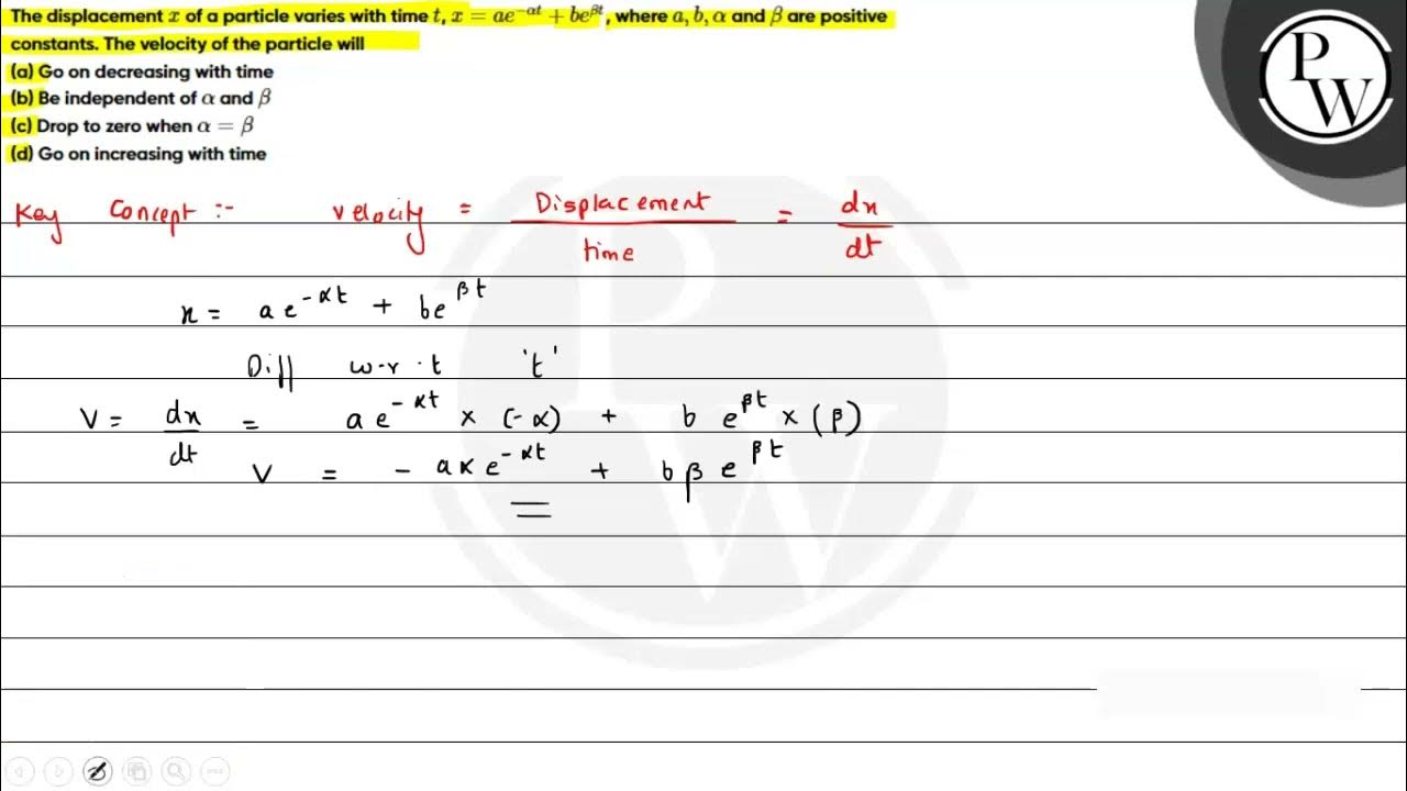The displacement \( x \) of a particle varies with time \( t \), \( x=a e^{-\alpha t}+b e^{\beta ...