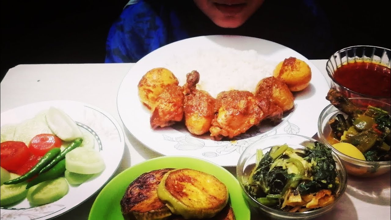 Asmr eating rice, chicken curry, and egg curry, bagun vaji,shak,shim ...
