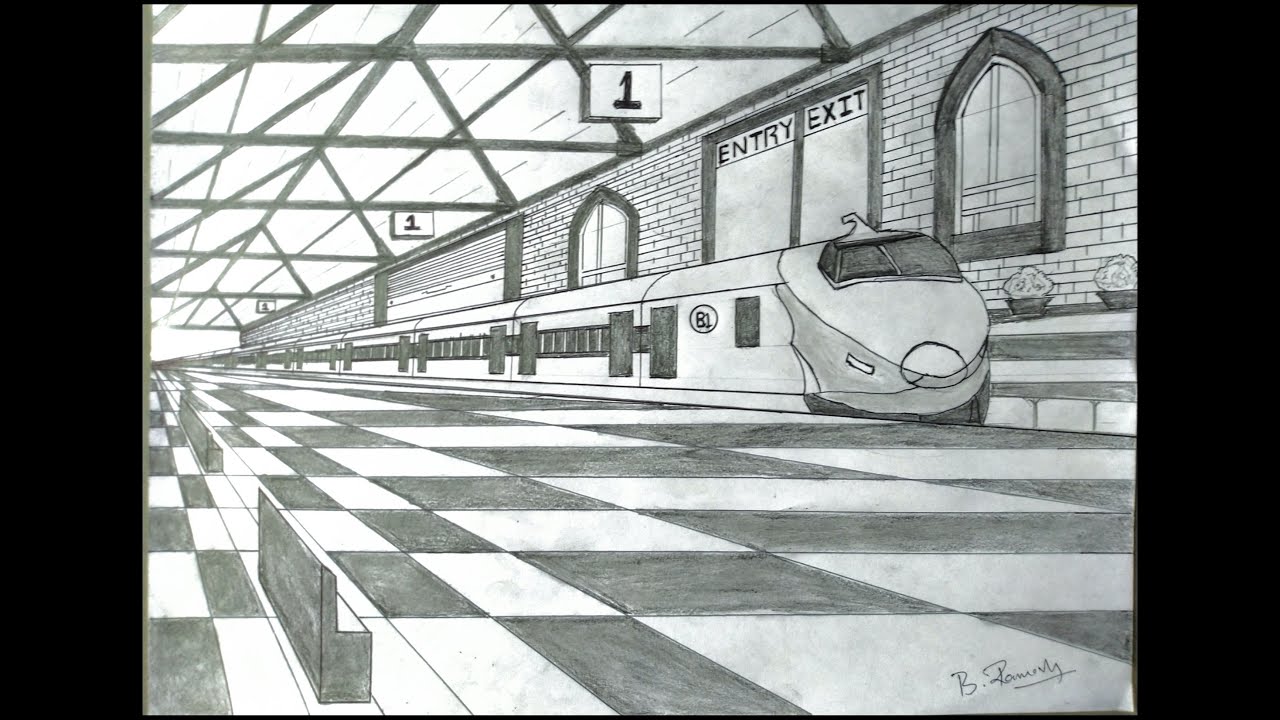 How to draw a train and station in 1- Point perspective. - YouTube