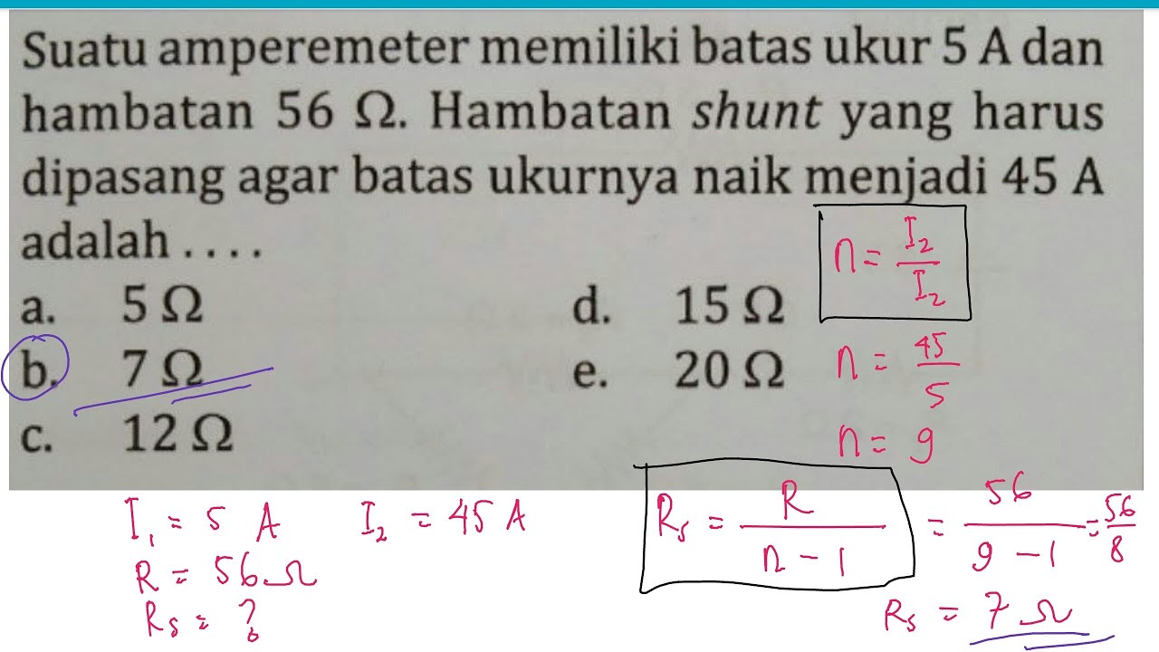 Menghitung hambatan shunt pada amperemeter yang ukurannya naik dari 5 A ...