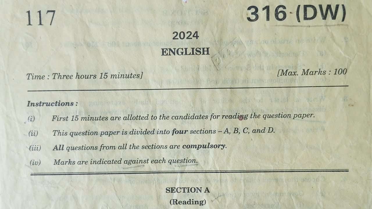 Class 12th English Modal Paper 2024 316 ( DW) - YouTube