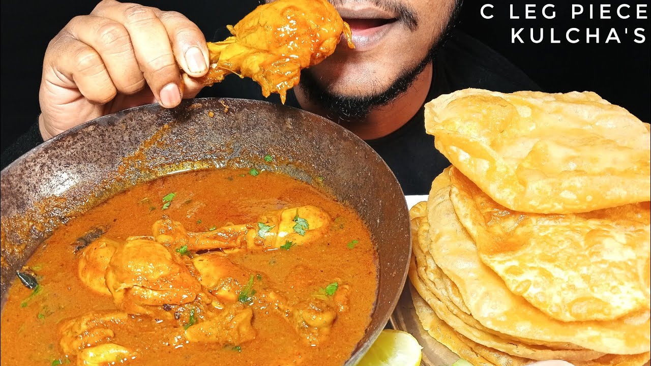 #asmr Eating Chicken leg piece Chicken Gravy With Kulchas/Puri 🤤 - YouTube