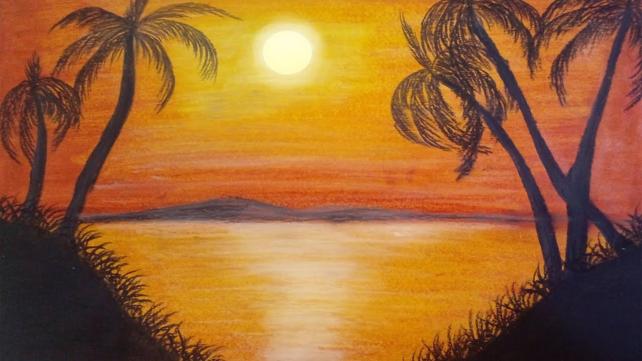 How to Draw Beach Sunset Scenery Drawing with Oil Pastel Painting - YouTube