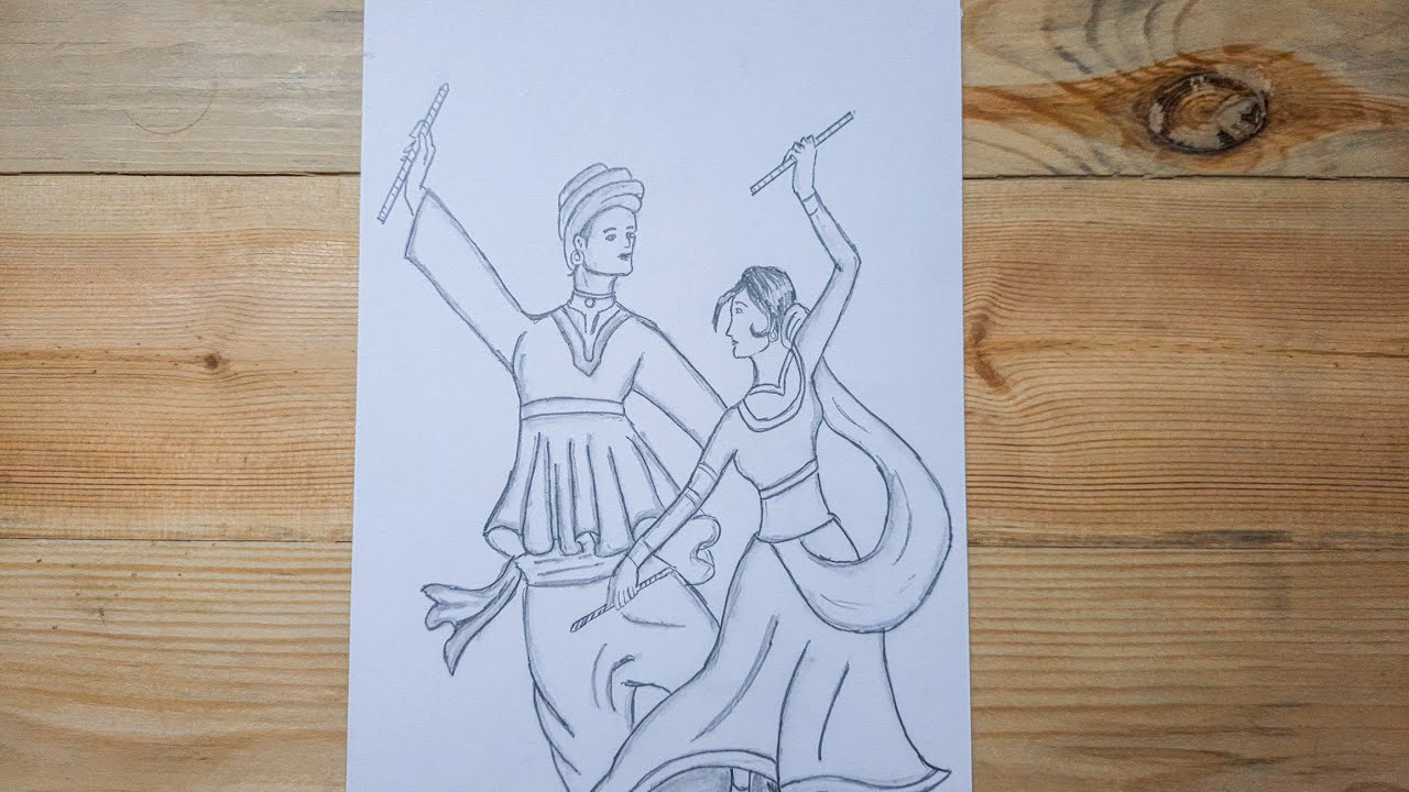 How To Draw Navratri Couple Dancing / Dandiya Couple Dancing Sketch ...