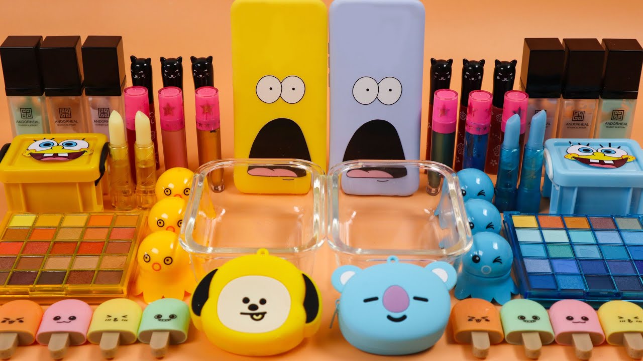 ASMR Yellow & Blue Slime⭐️Mixing Makeup,Eyeshadow,Shiny Things into ...