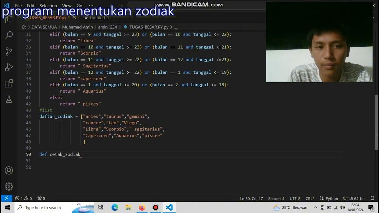 Program Python Menentukan Zodiak(menggunakan fungsi def, perulangan,logika dan list) - YouTube