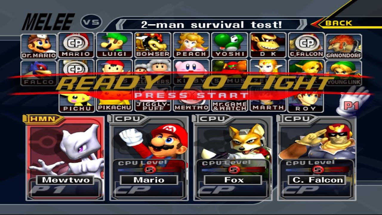 Mewtwo VS Mario VS Fox VS C Falcon | 2 Lifes | Super Smash Bros Melee ...