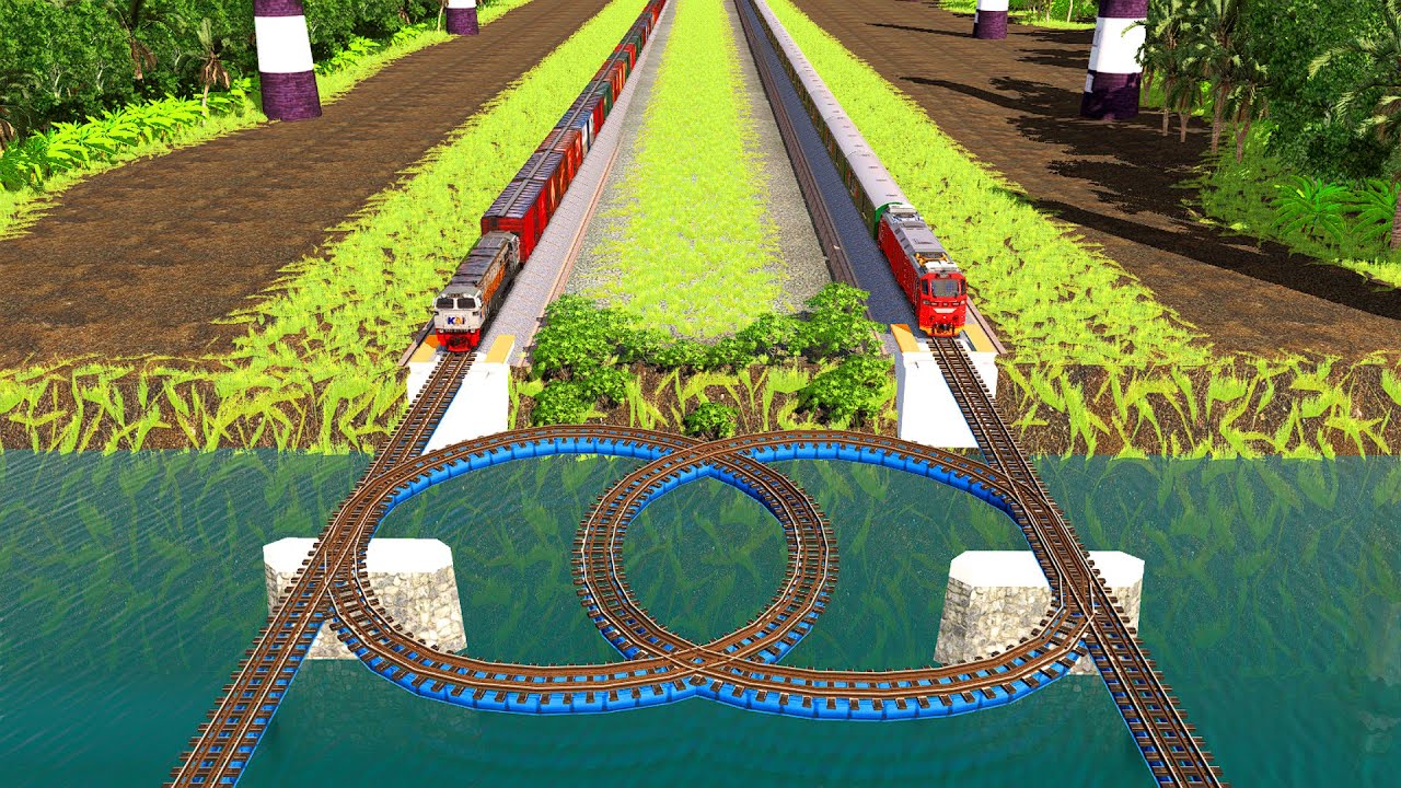 4 PASSENGER & FREIGHT TRAINS RUNNING AT DOUBLE LOOPING BRIDGE RAILROAD ...