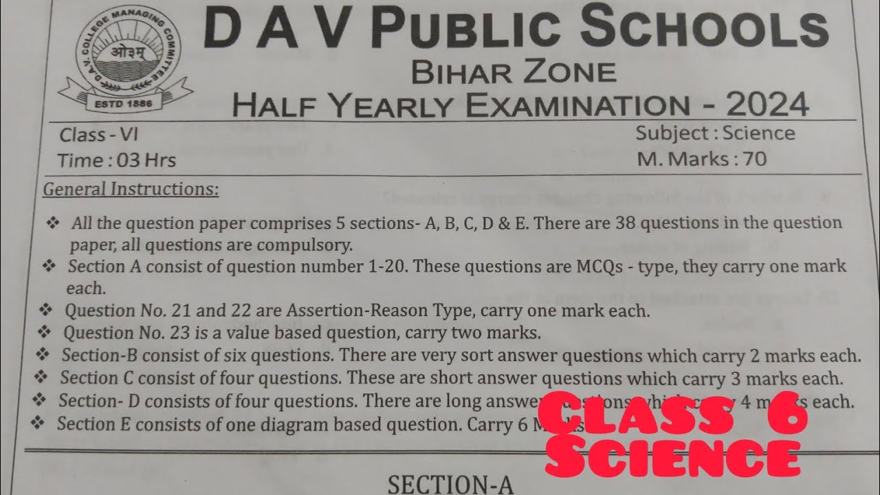 Dav Public School Bihar Zone class 6 Science Half yearly questions ...