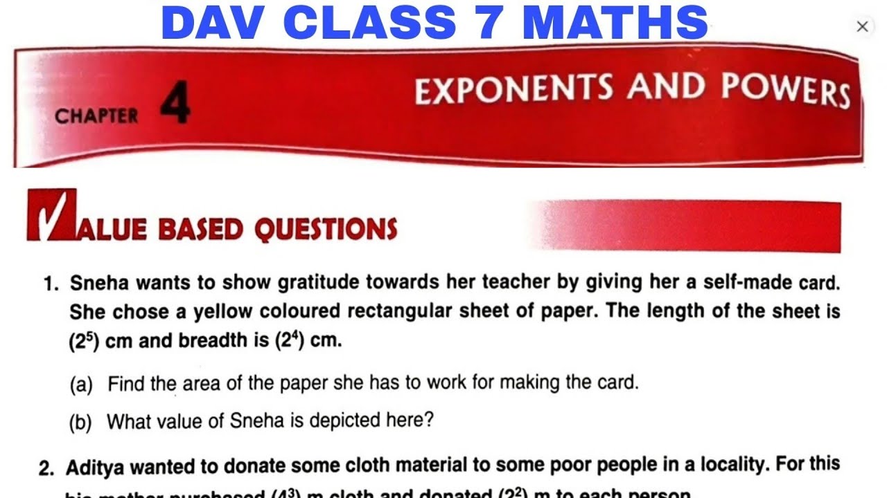 DAV CLASS 7 MATHS CHAPTER 4 VALUE BASED QUESTIONS EXPONENTS AND POWERS ...