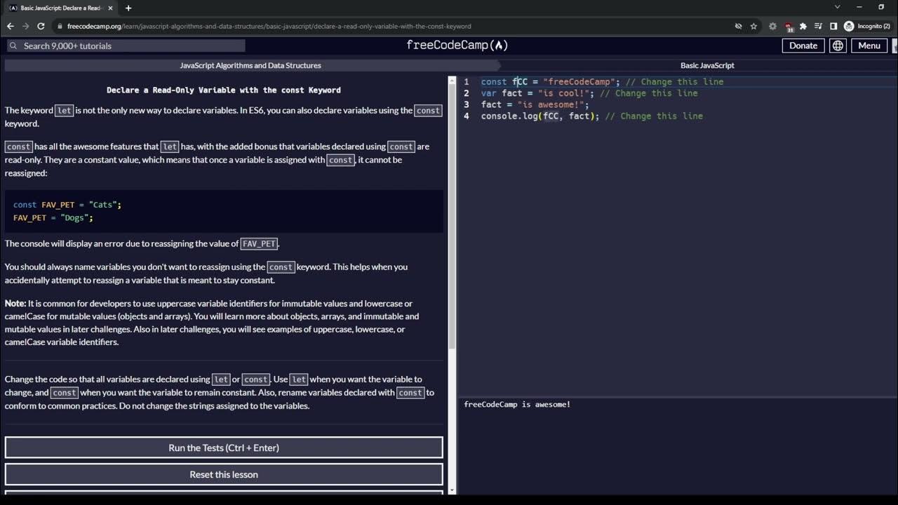 10113 Declare A Read Only Variable With The Const Keyword Freecodecamp Youtube